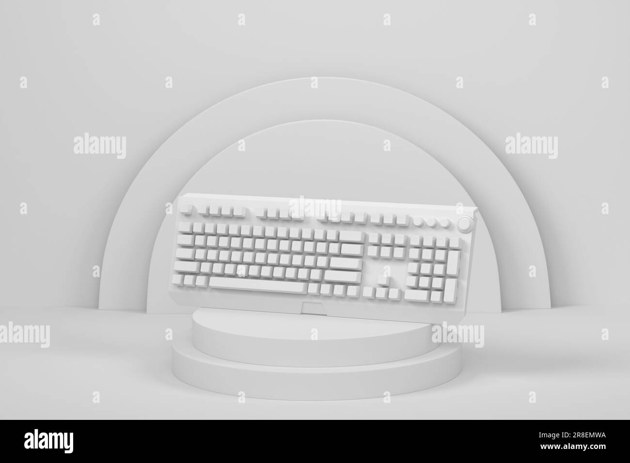 Realistic computer keyboard on cylinder podium with steps on monochrome ...