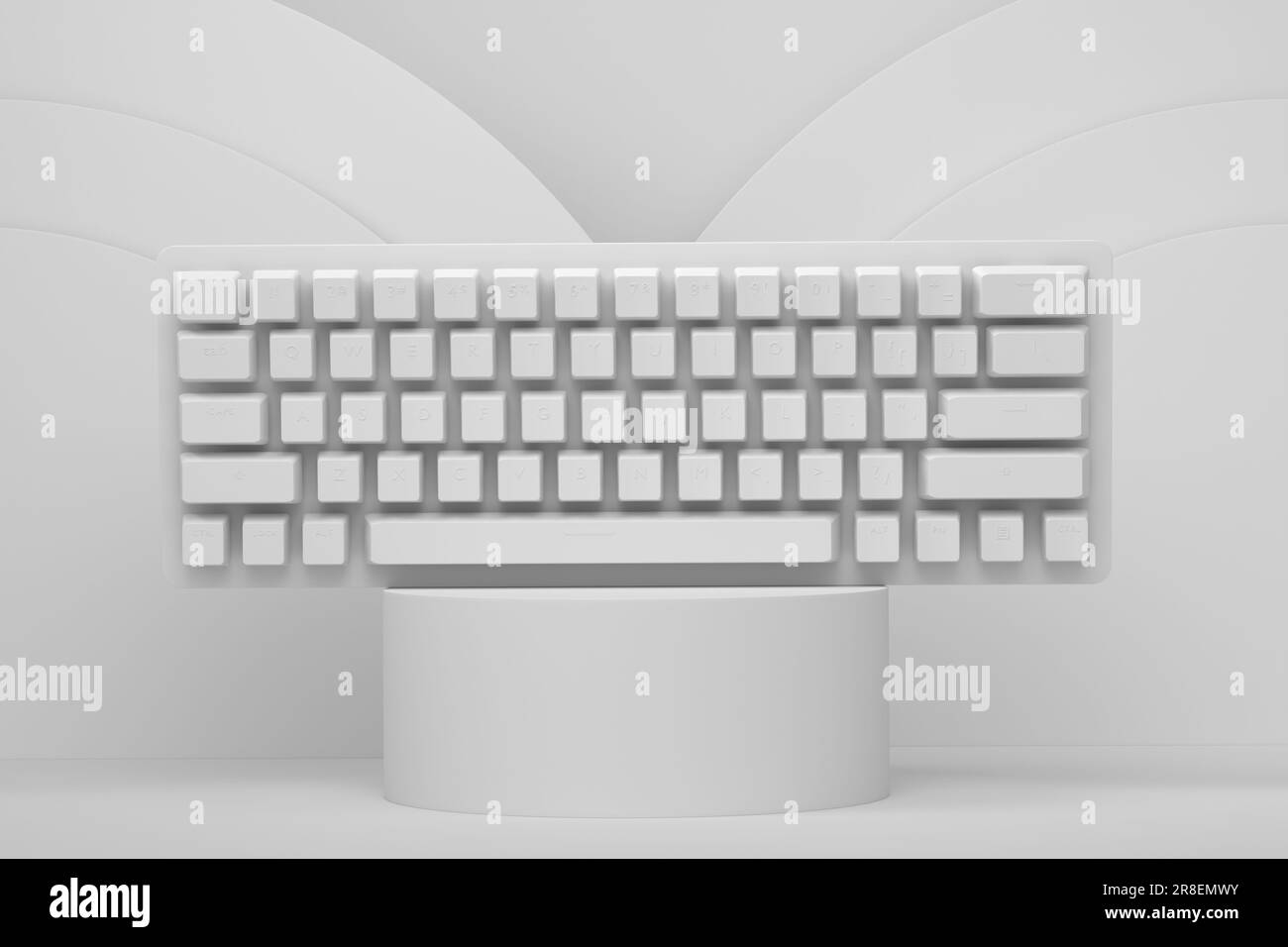 Realistic computer keyboard on cylinder podium with steps on monochrome ...