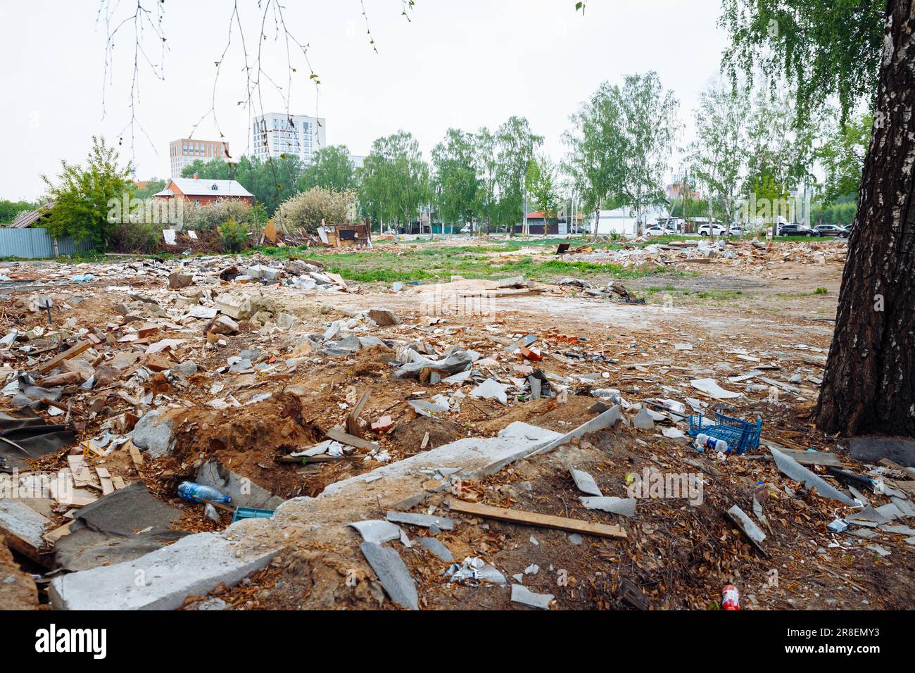 construction waste dump on wasteland. pile of destroyed house, ruins ...