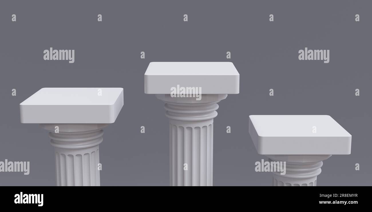 Three white winner podium on empty grey background. Classical upper ...