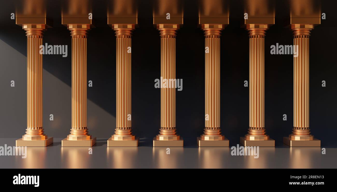 Six golden pillar in row on empty grey background. Pillar colonnade ...