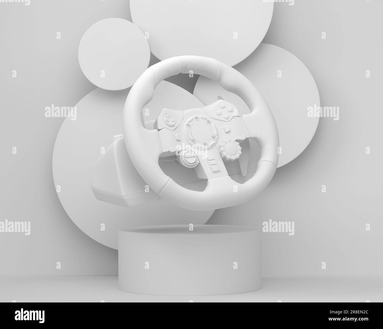 Realistic leather steering wheel on cylinder podium with step on ...