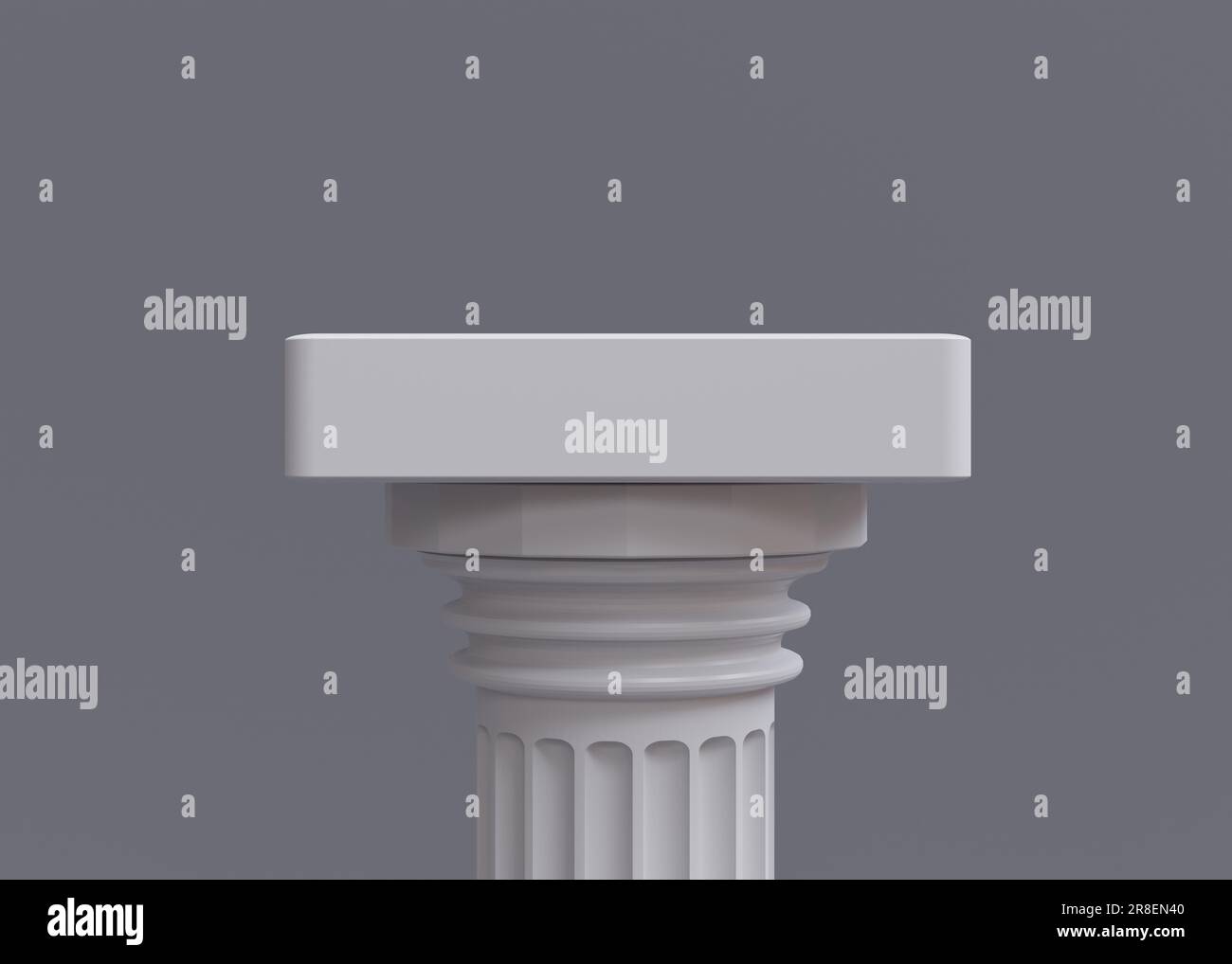 One white marble pillar on empty grey background. Pillar colonnade, classical upper part of ...