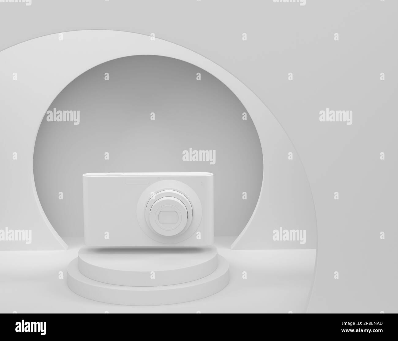 Compact pocket digital camera on cylinder podium with step on ...