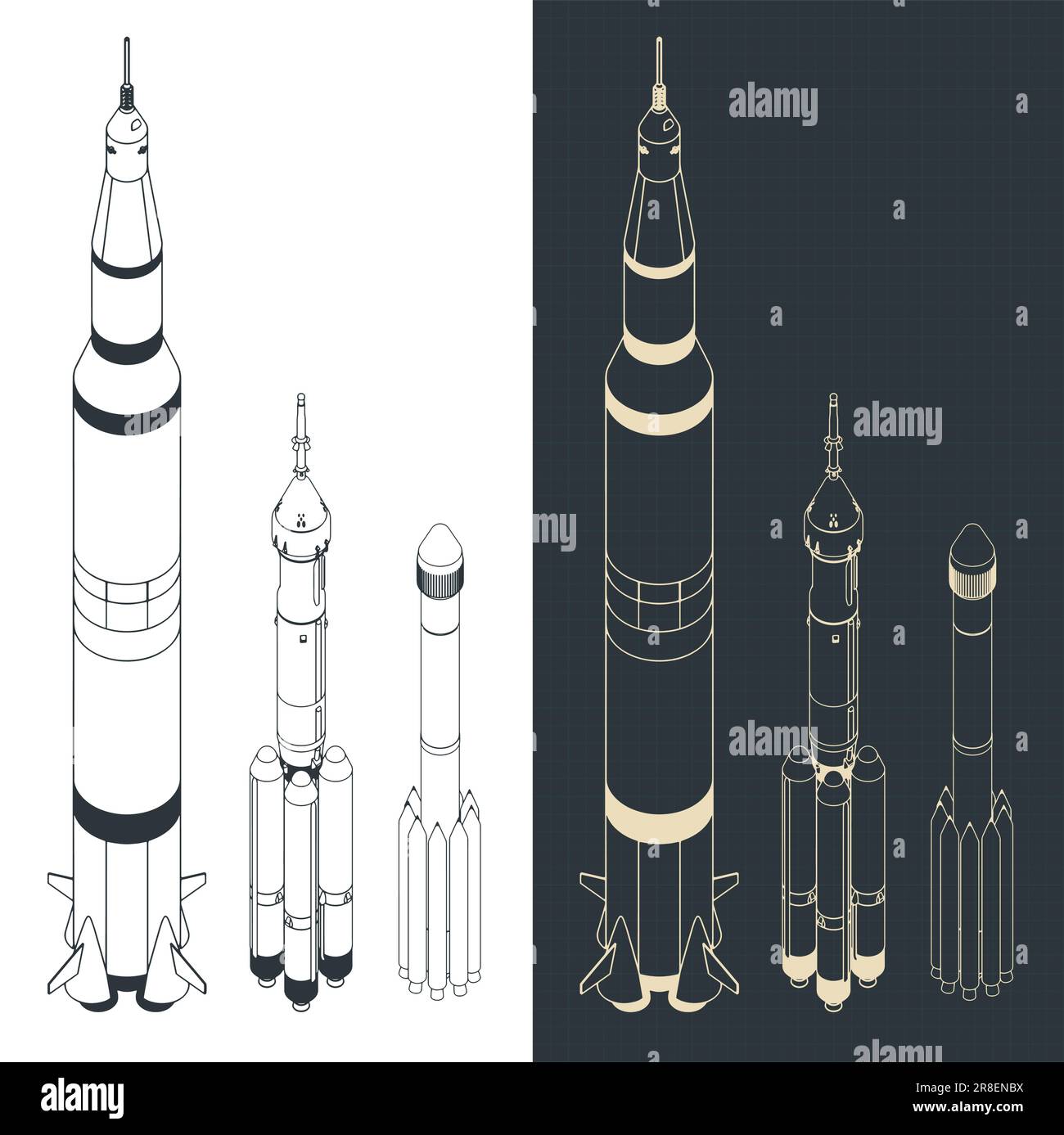 Stylized vector illustrations of isometric blueprints of launch ...