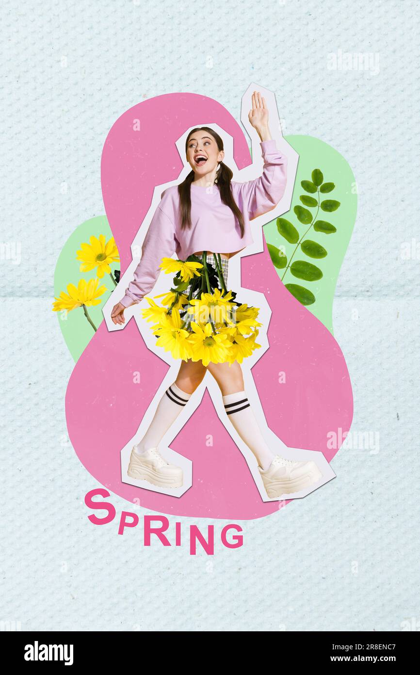 Vertical collage picture of pretty positive girl walking arm palm ...