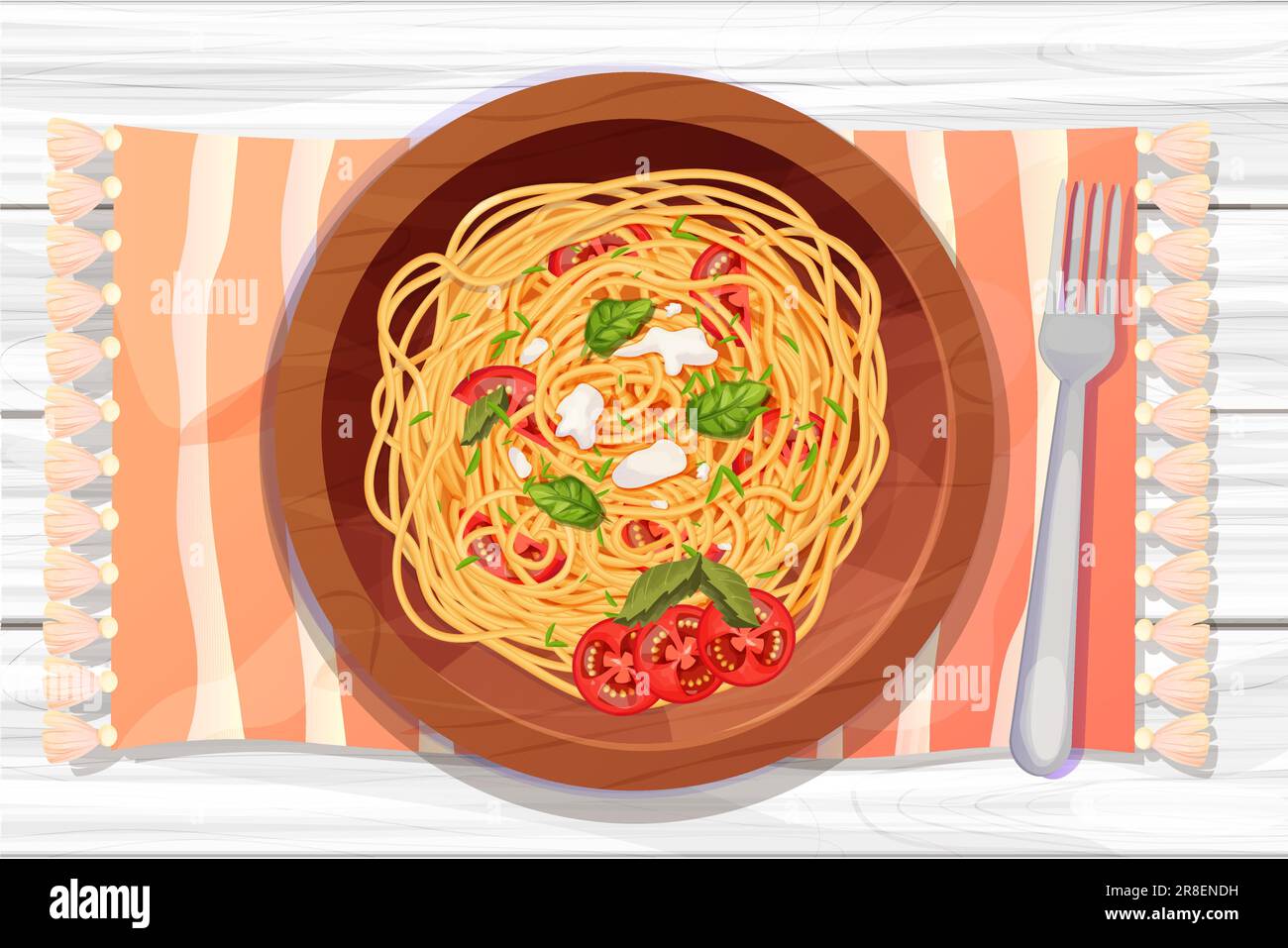 Spaghetti Pasta in wooden plate with tomatos, basil, mozzarella in ...