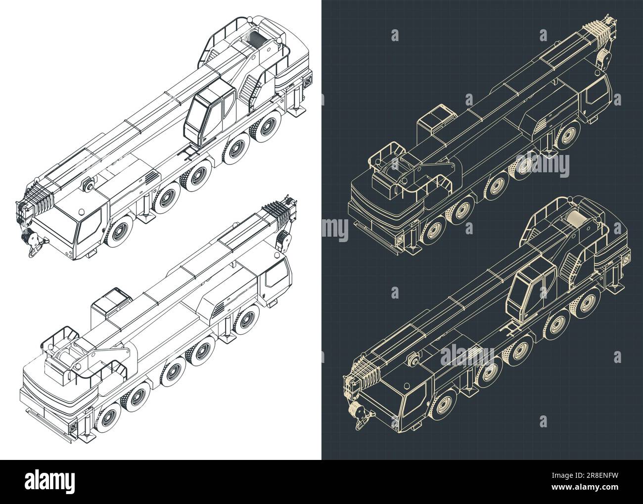 Stylized vector illustrations of isometric blueprints of mobile crane ...