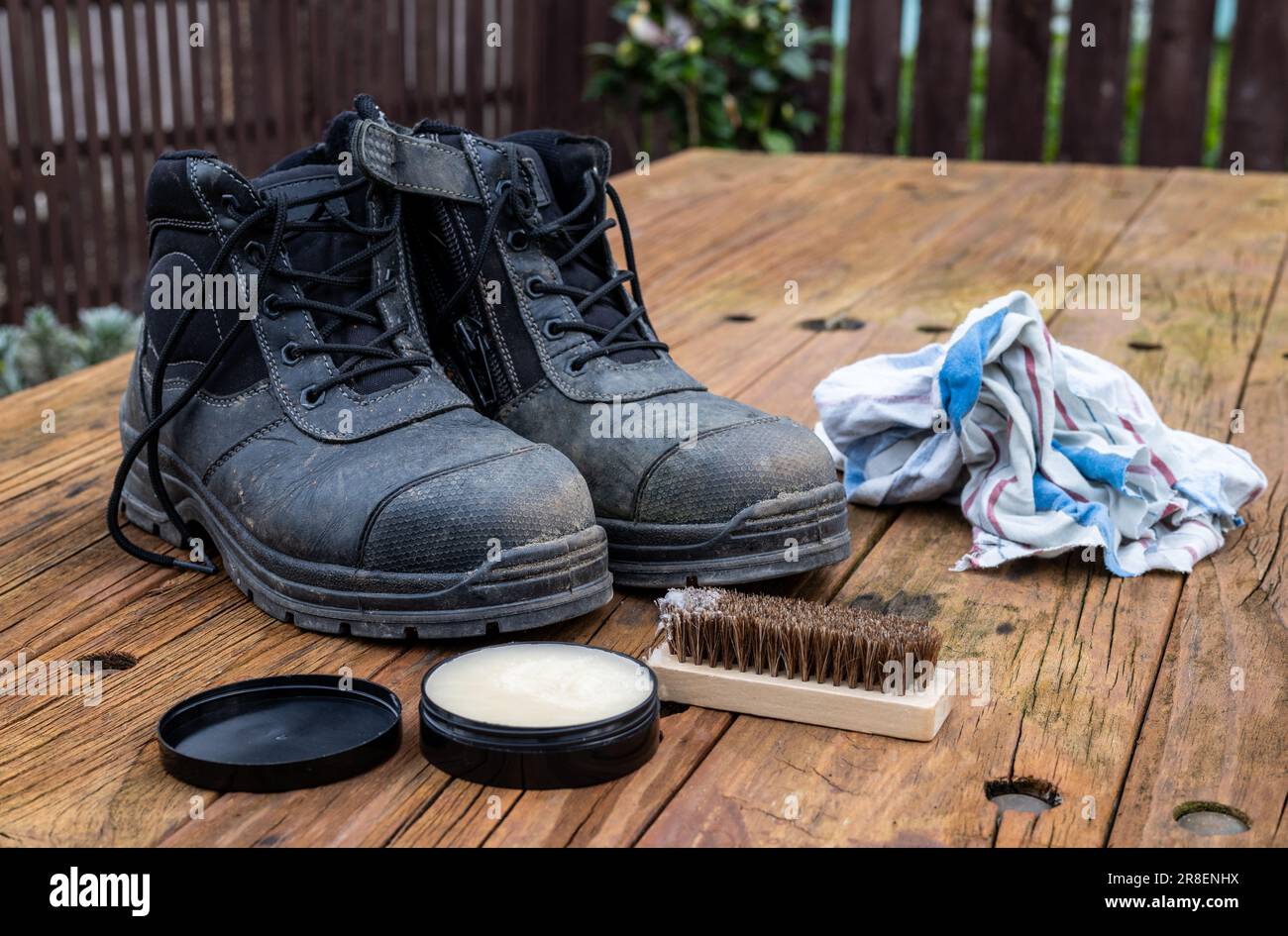 Black pair work boots with laces, ready to be clean and wax Stock Photo ...