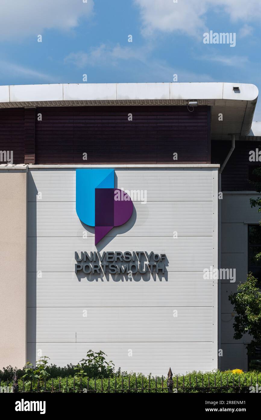 University of Portsmouth sign and logo on a building on the campus ...