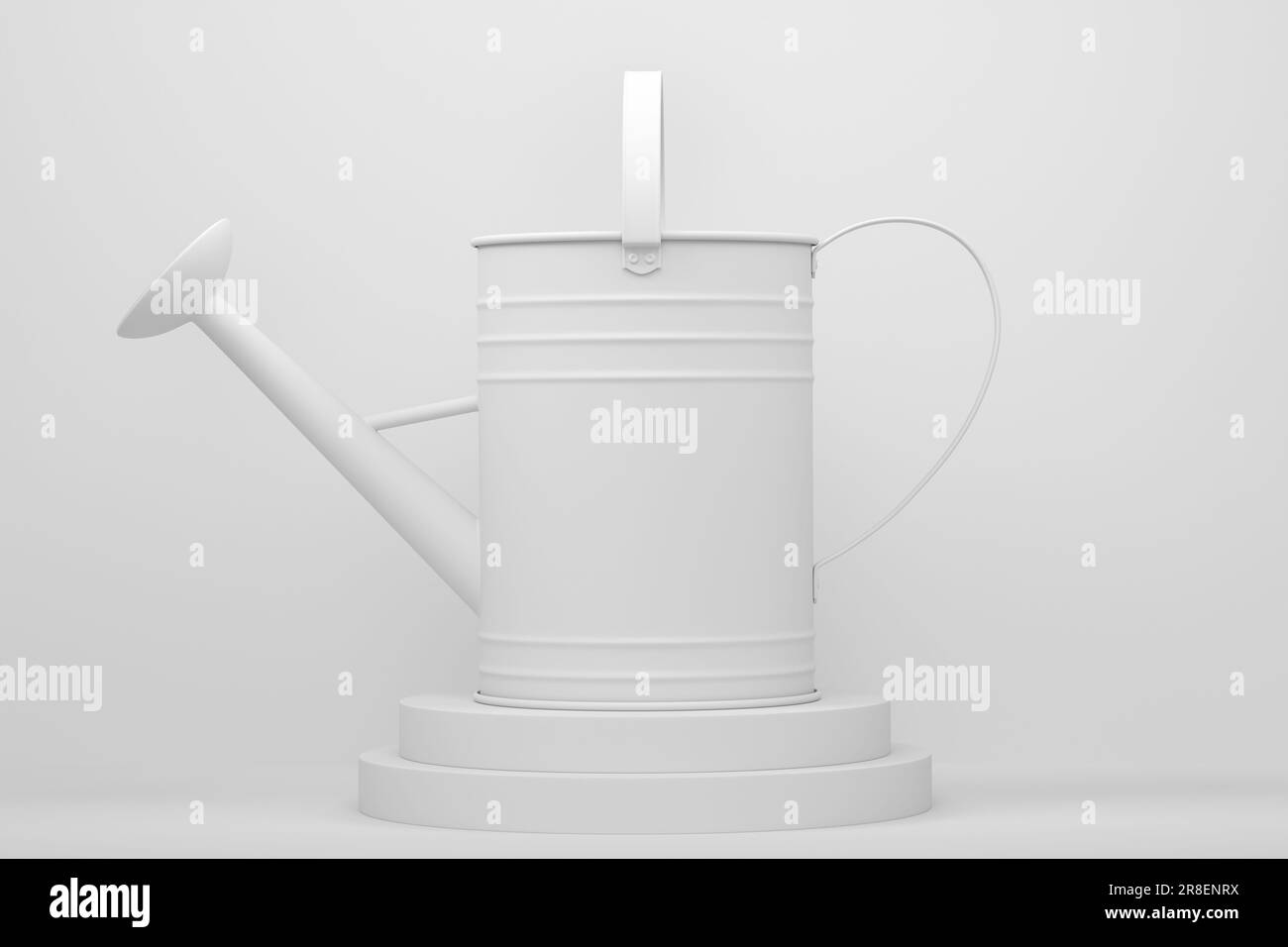 Watering can on cylinder podium with step on monochrome Stock Photo - Alamy
