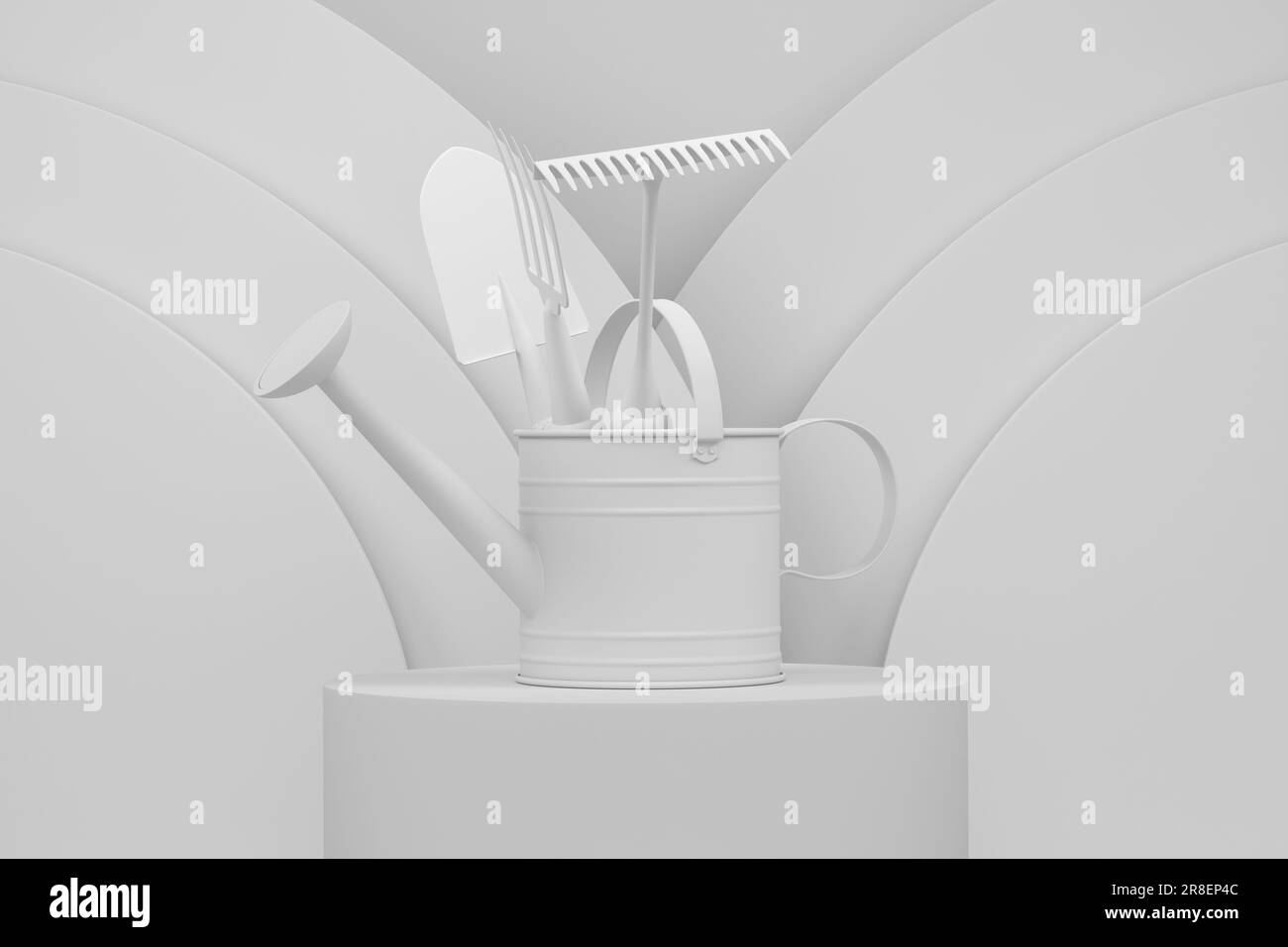 Watering can with garden tools on cylinder podium with step on ...
