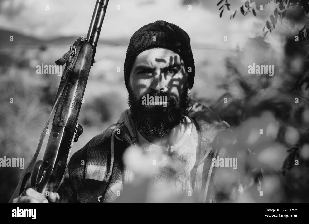 Portrait of hamdsome Hunter. Hunter with shotgun gun on hunt. Man ...