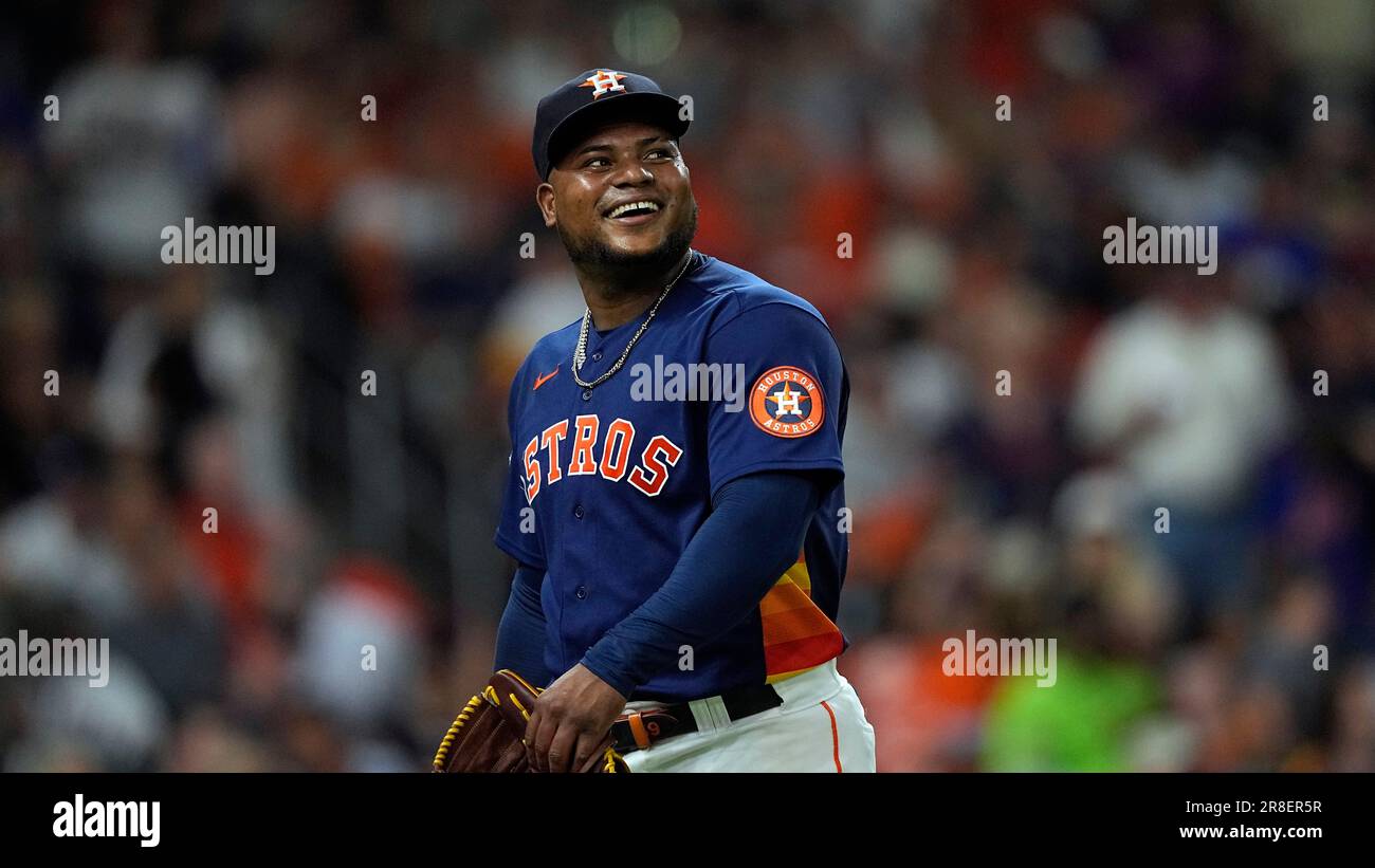 Houston Astros starting pitcher Framber Valdez looks at the scoreboard ...