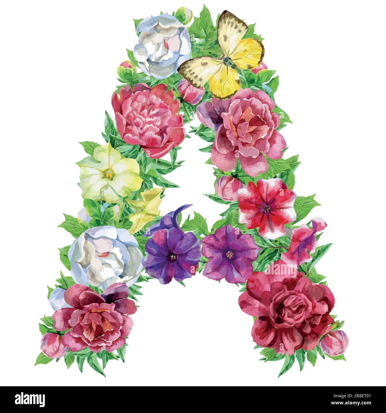 Letter A of watercolor flowers, isolated hand drawn on a white ...