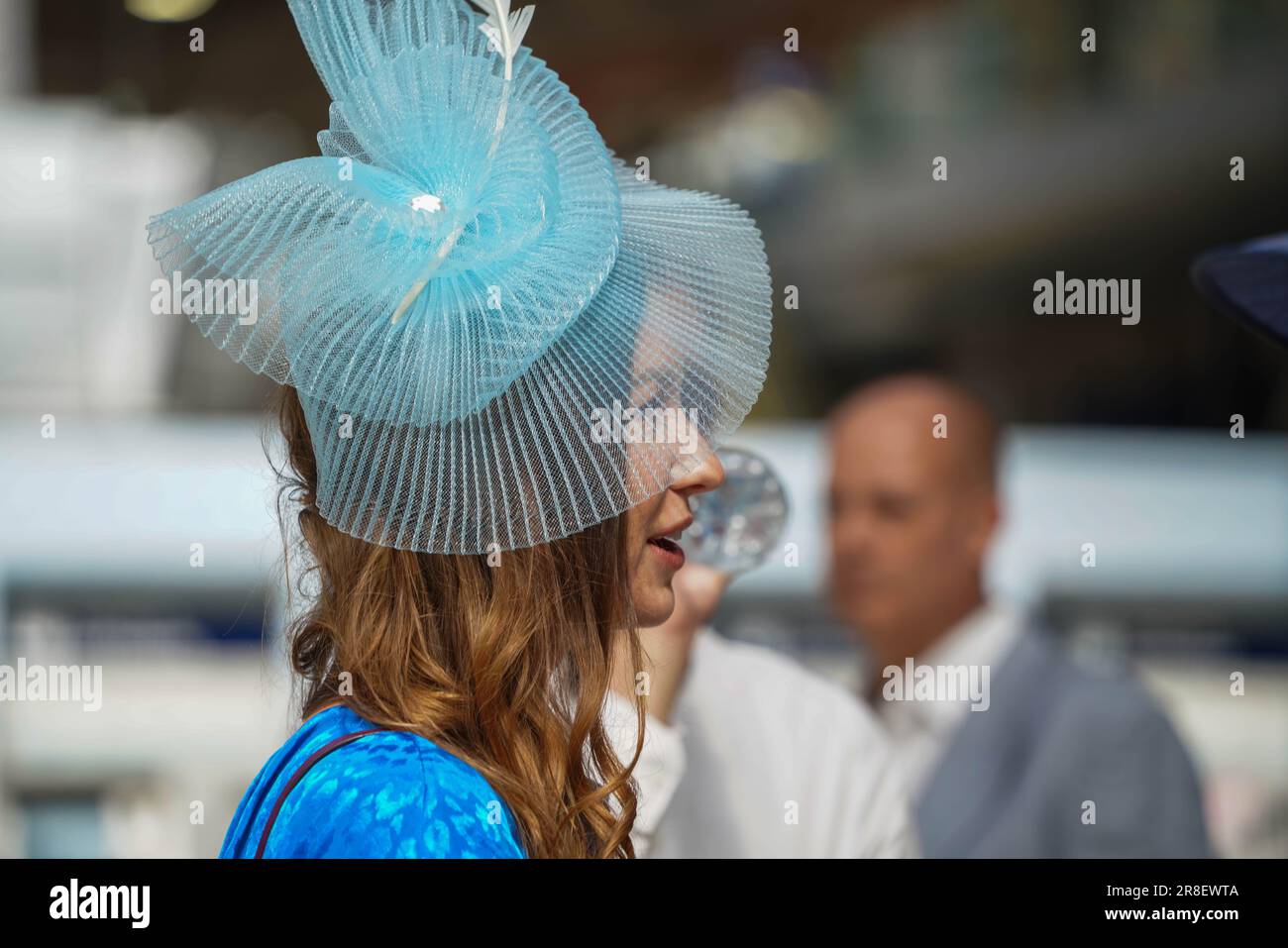 London UK. 21 June 2023 Royal ascot racegoers wearing extravagant hats ...