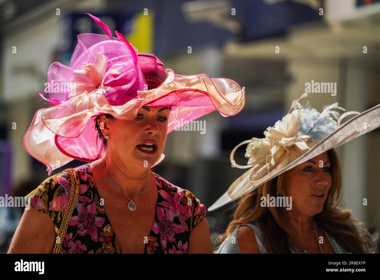 London UK. 21 June 2023 Royal ascot racegoers wearing extravagant hats ...