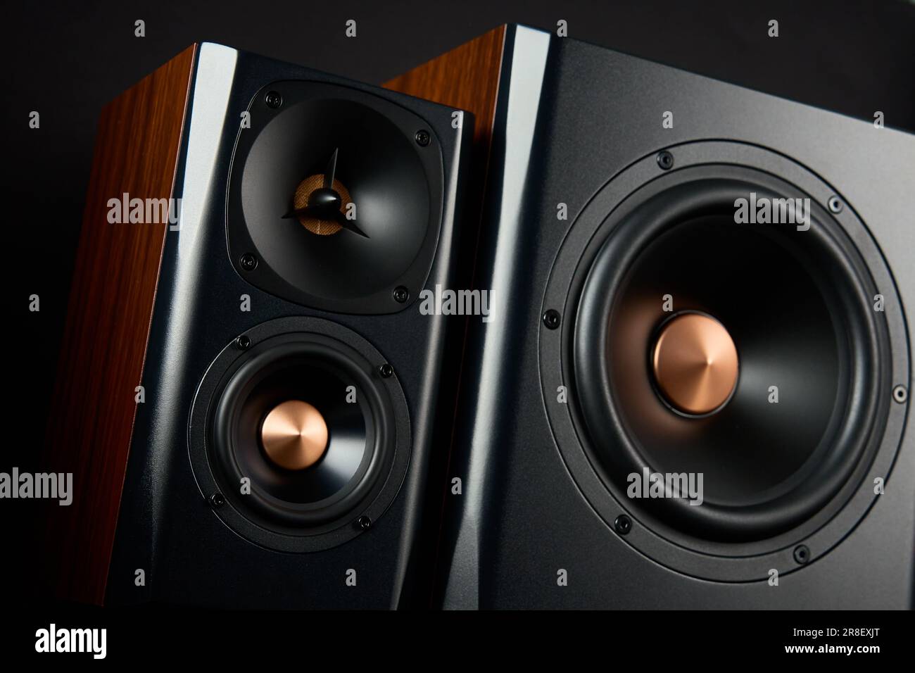 Multimedia acoustic sound speakers. Sound audio system on dark ...