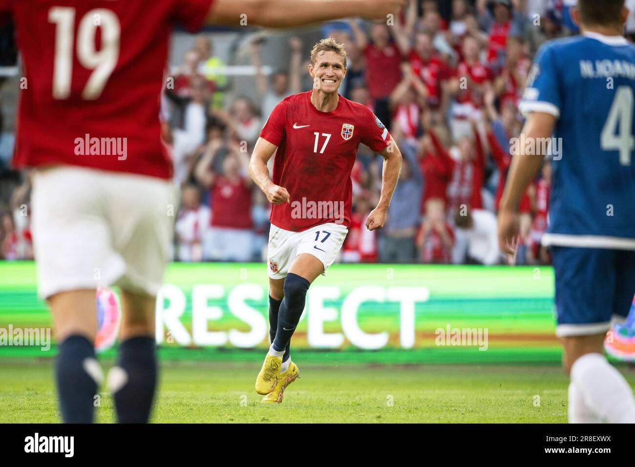 Oslo, Norway. 20th June, 2023. Ola Solbakken (17) of Norway scores for ...