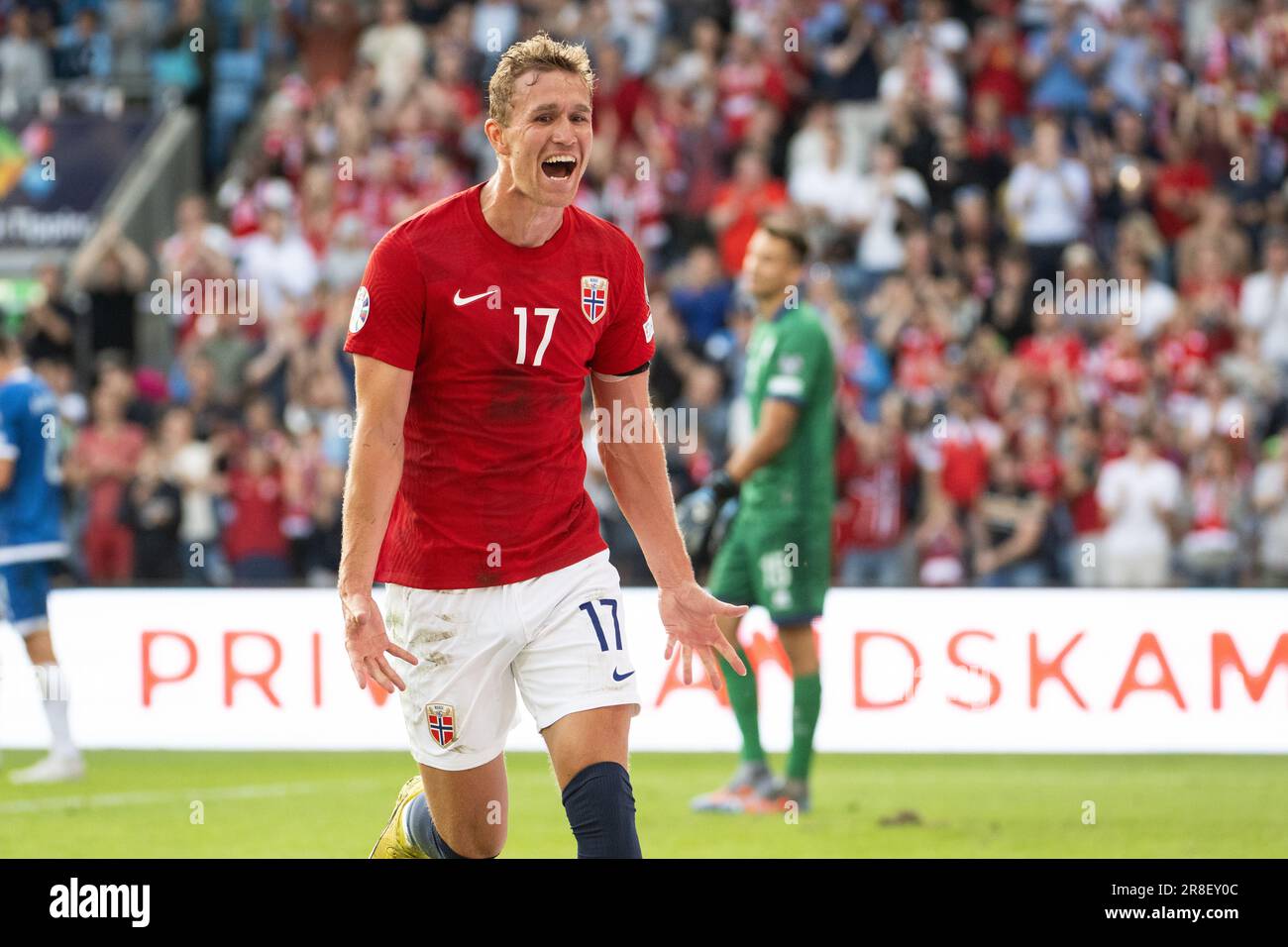 Oslo, Norway. 20th June, 2023. Ola Solbakken (17) of Norway scores for ...