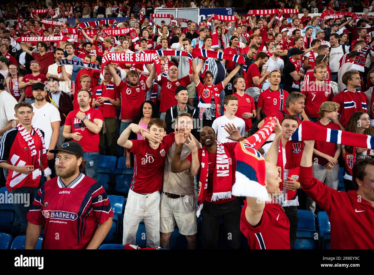 Oslo, Norway. 20th June, 2023. Football fans of Norway seen on the ...