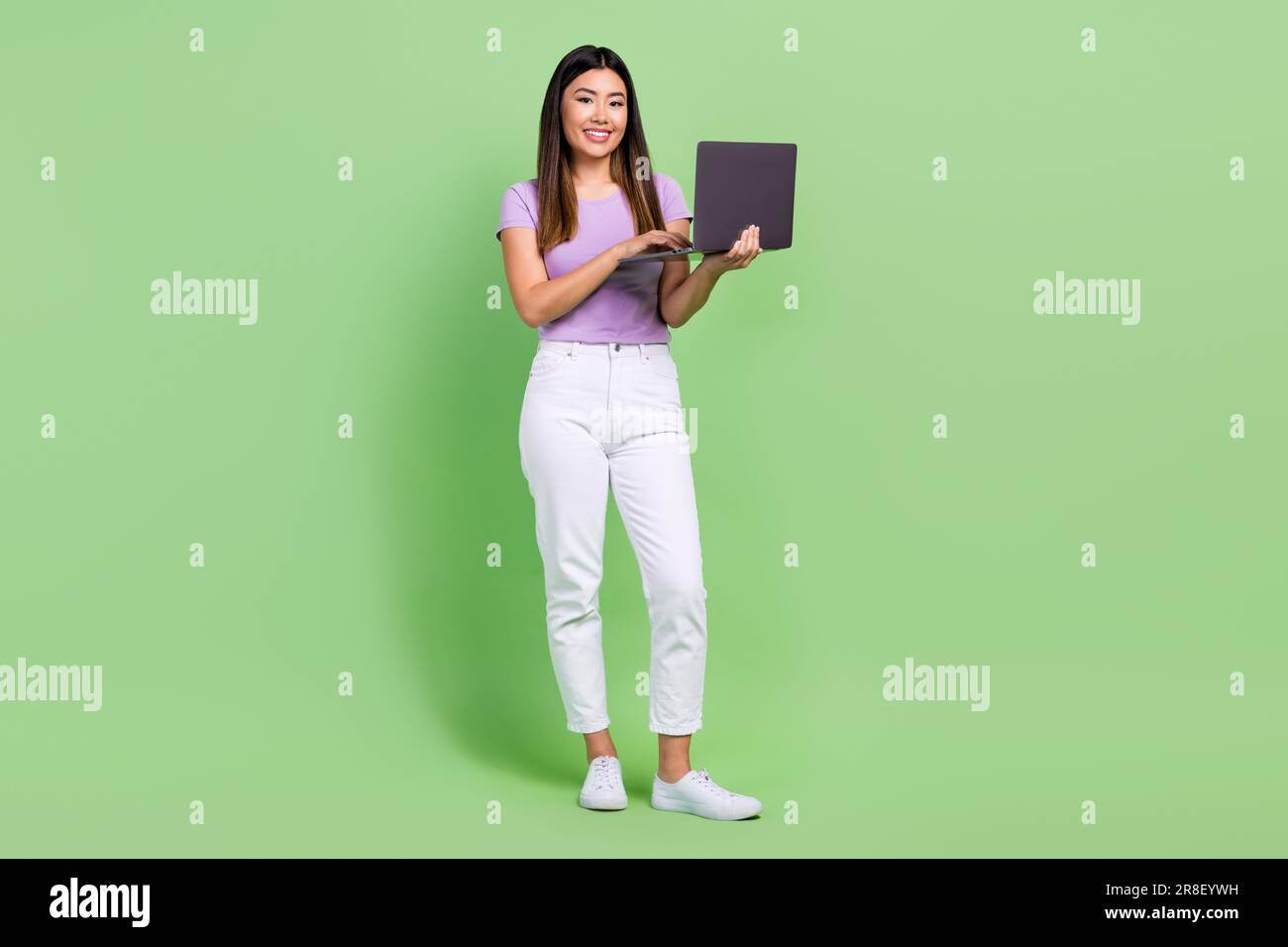 Full body length photo of young model programmer try code her first web ...