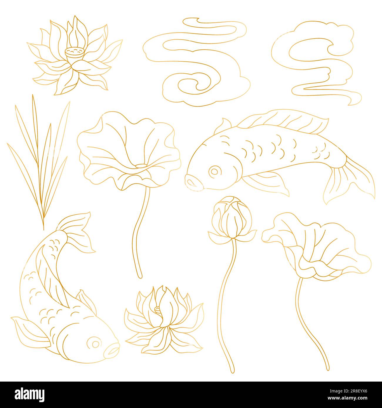 Oriental fish and lotus set. Chinese and japanese traditional ...