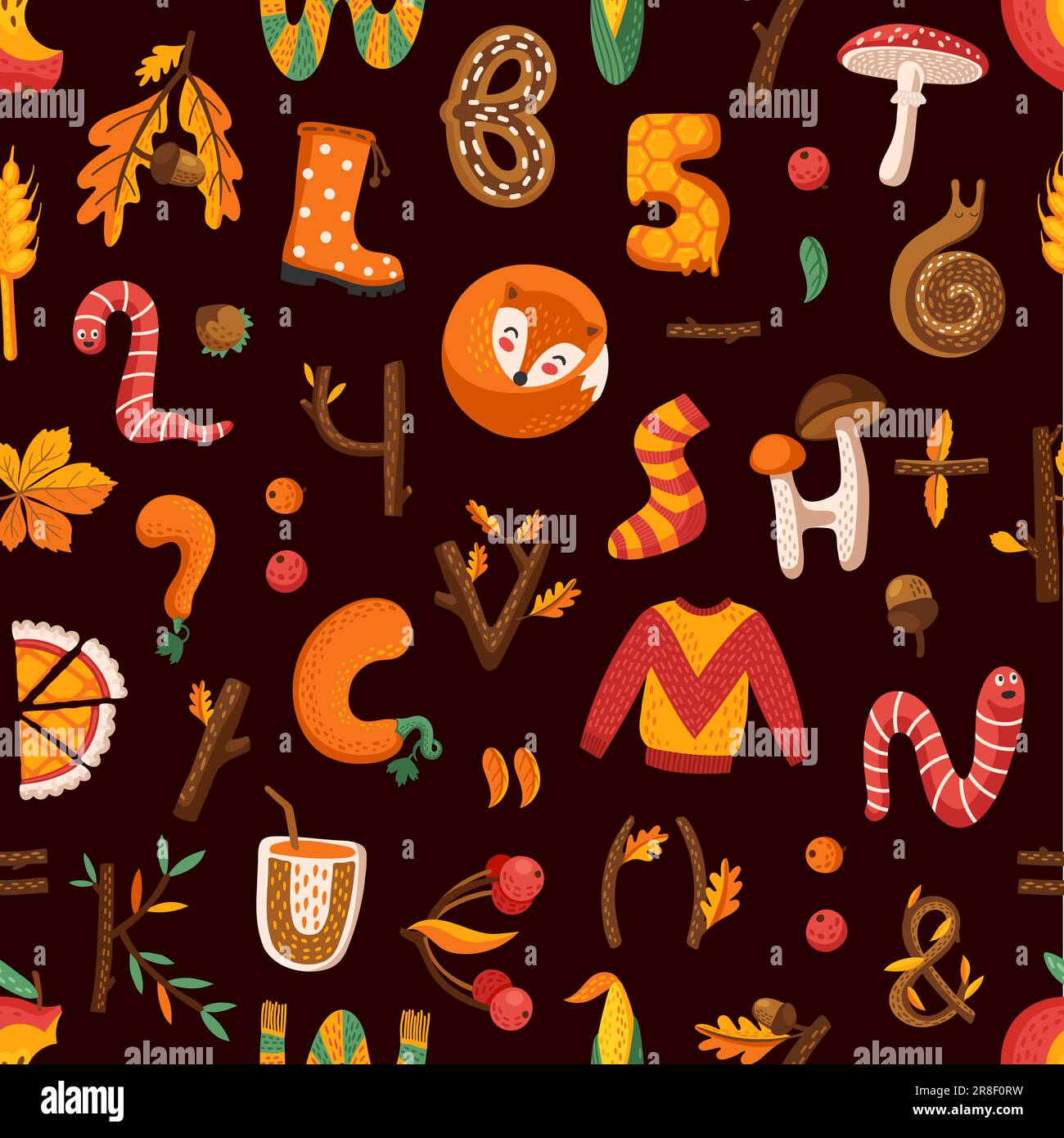 Cartoon autumn and Thanksgiving letters or numbers seamless pattern ...