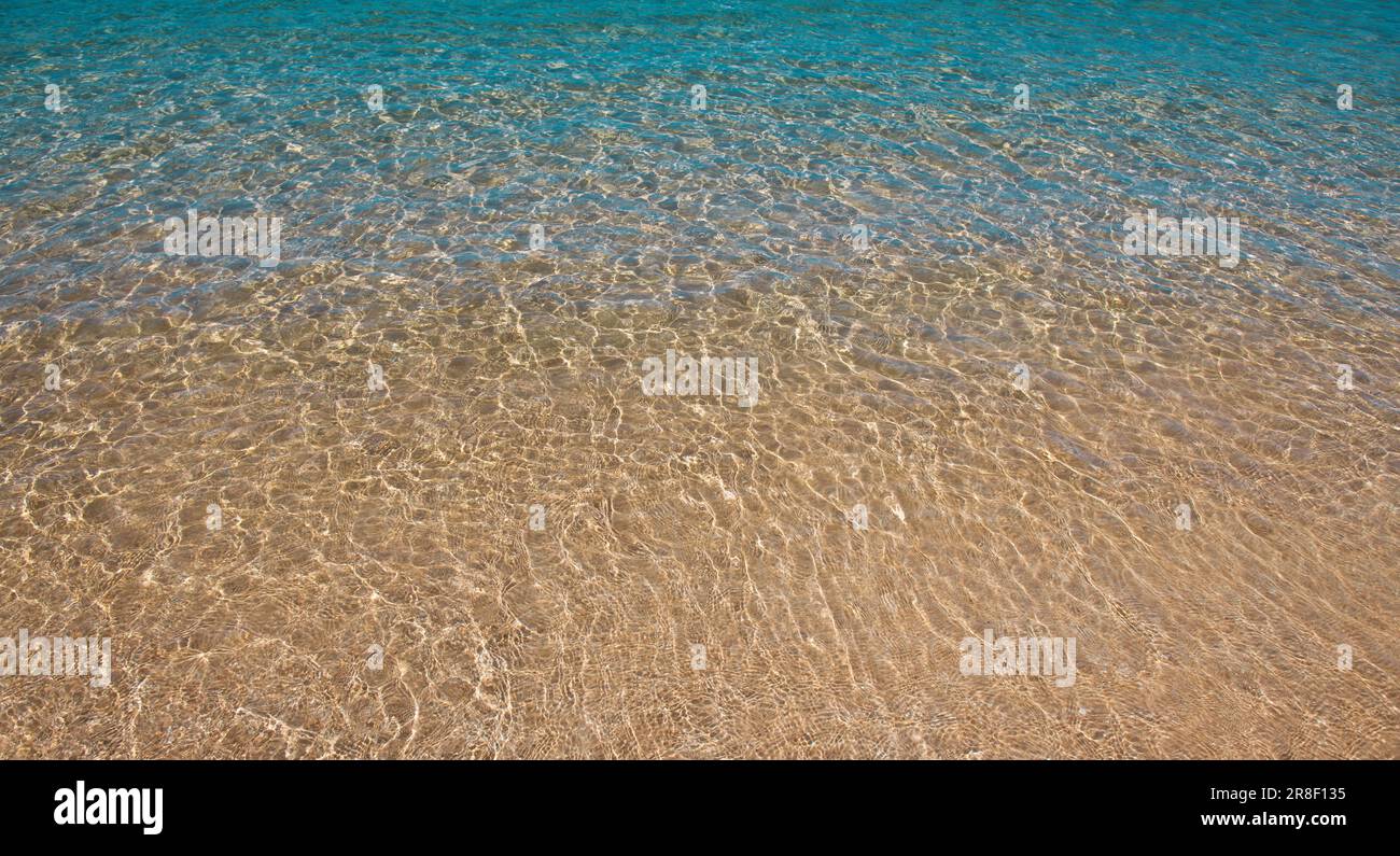 Beach with golden sand, turquoise ocean water. Panoramic sea view ...