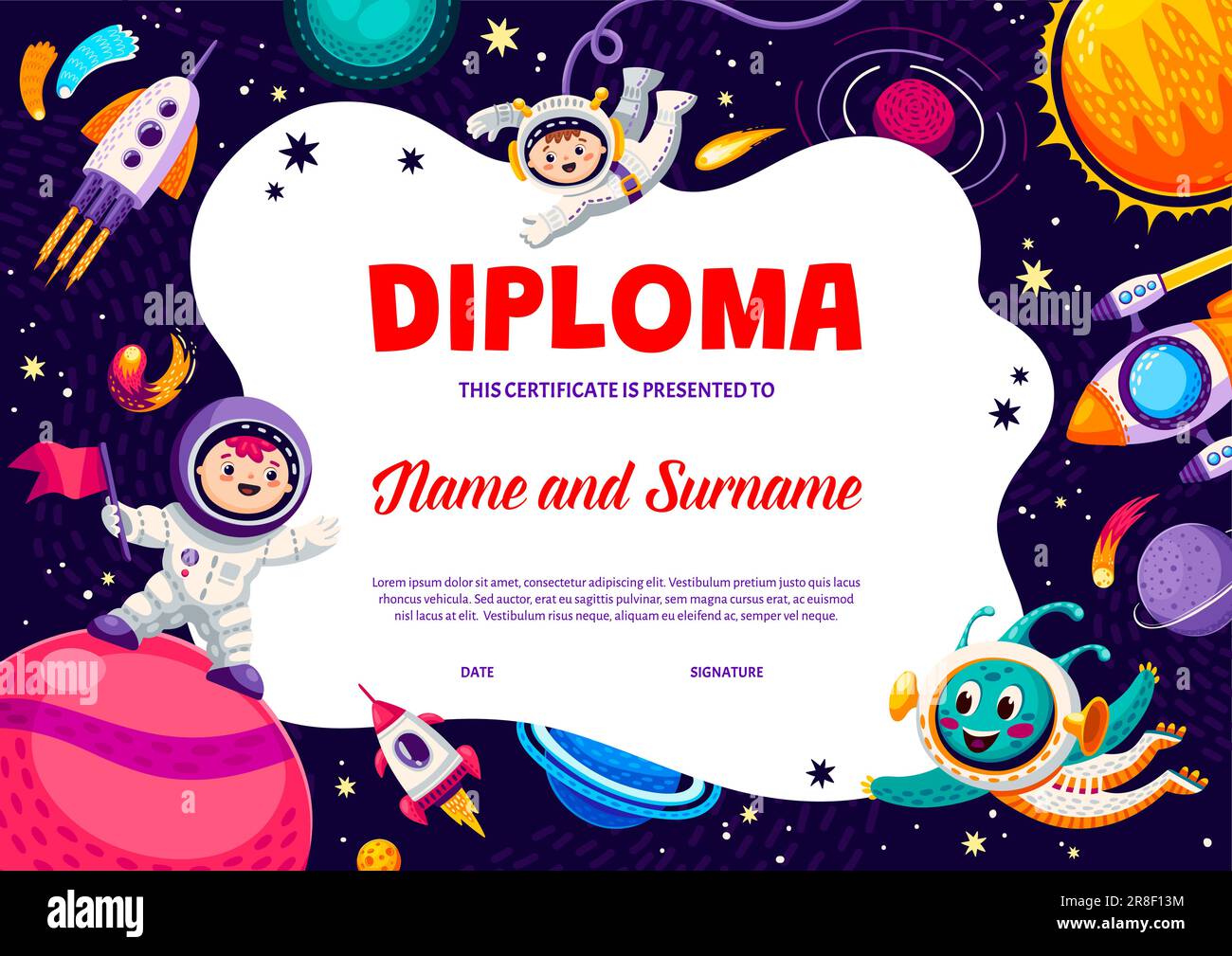 Kids diploma cartoon rockets, spaceship, astronauts and alien in outer ...