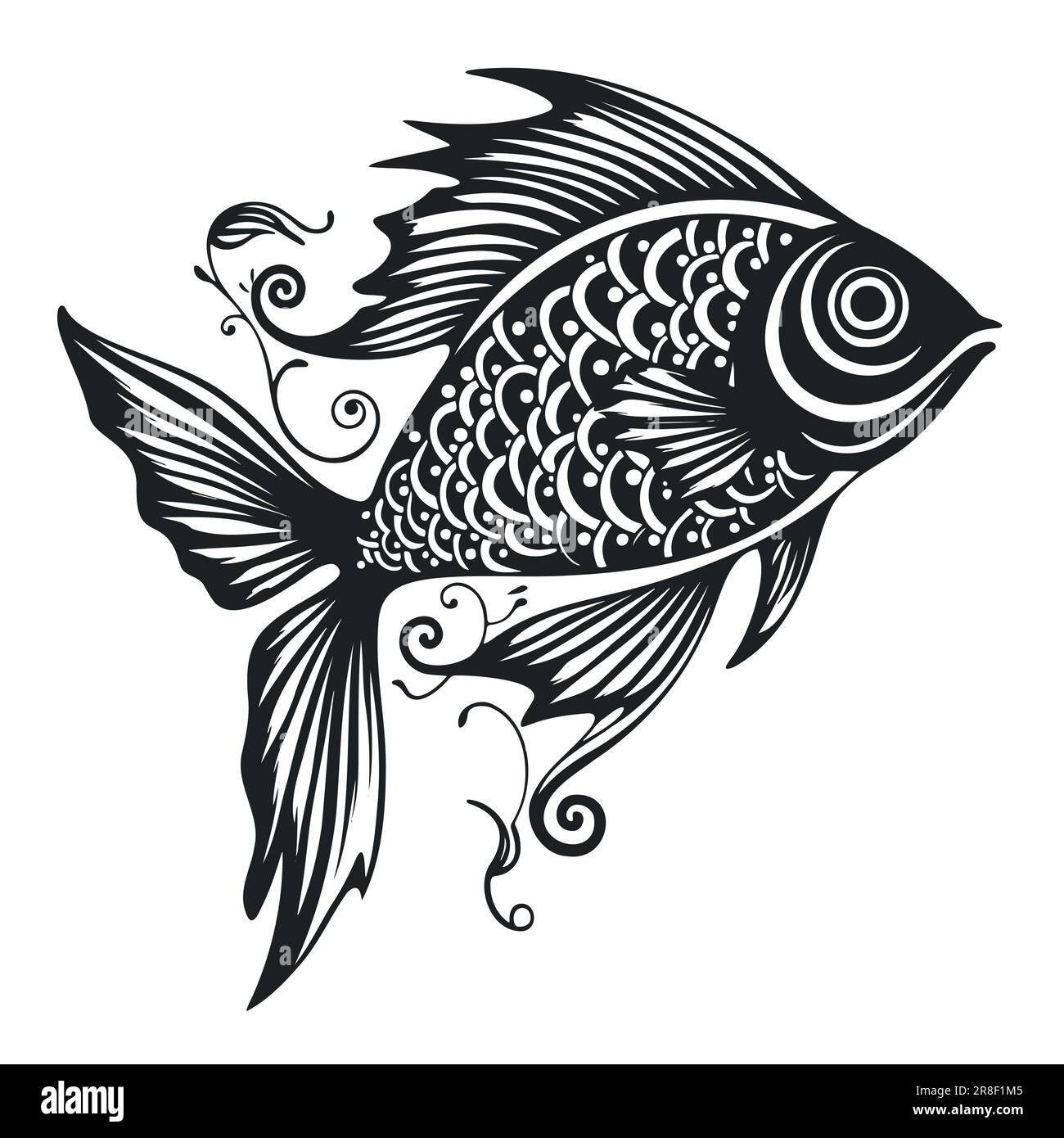 Vector illustration of black fish silhouette. Isolated white background ...