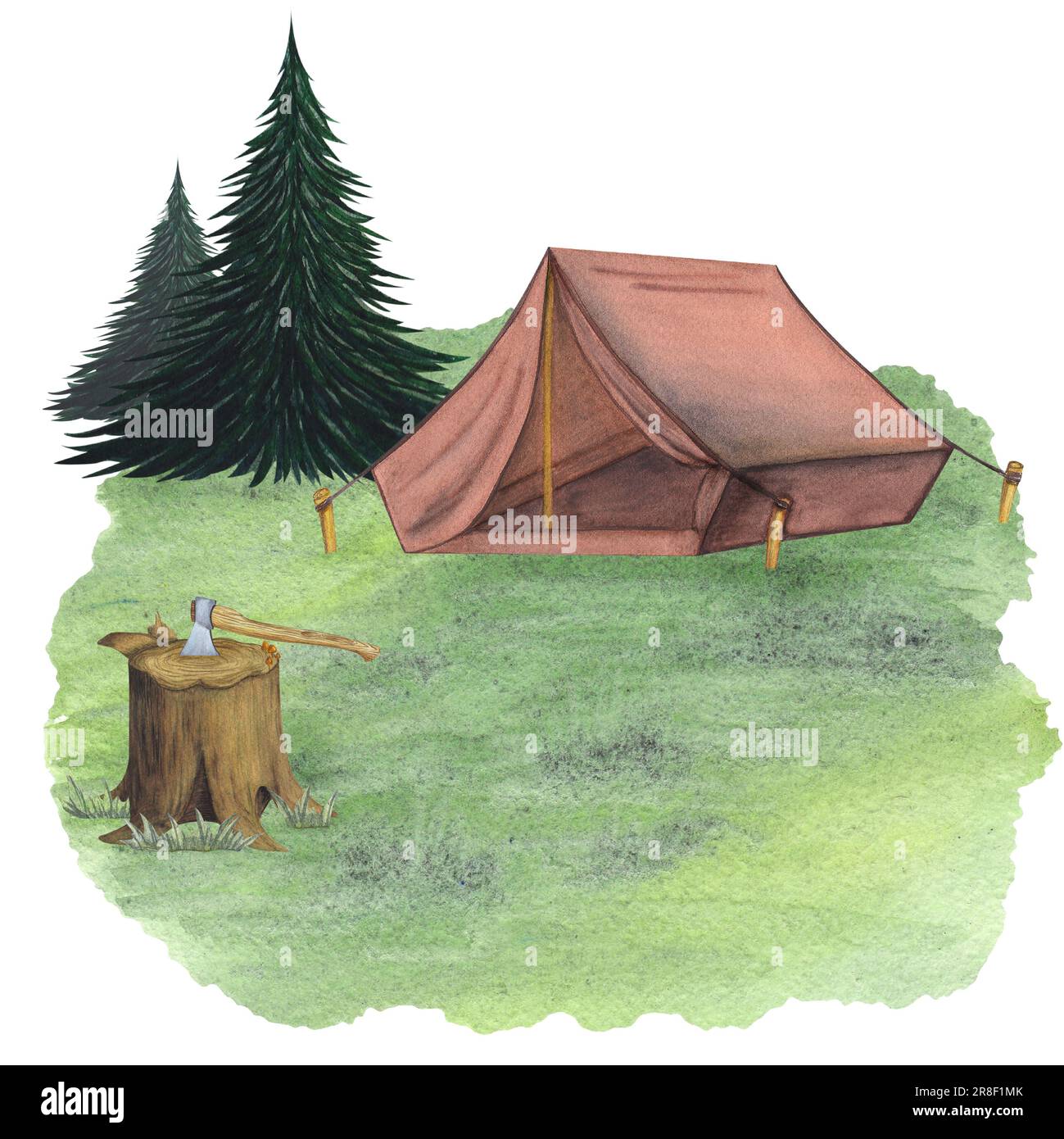 Tree stump, cut wood trunk, axe with wooden handle. Green glade, field ...