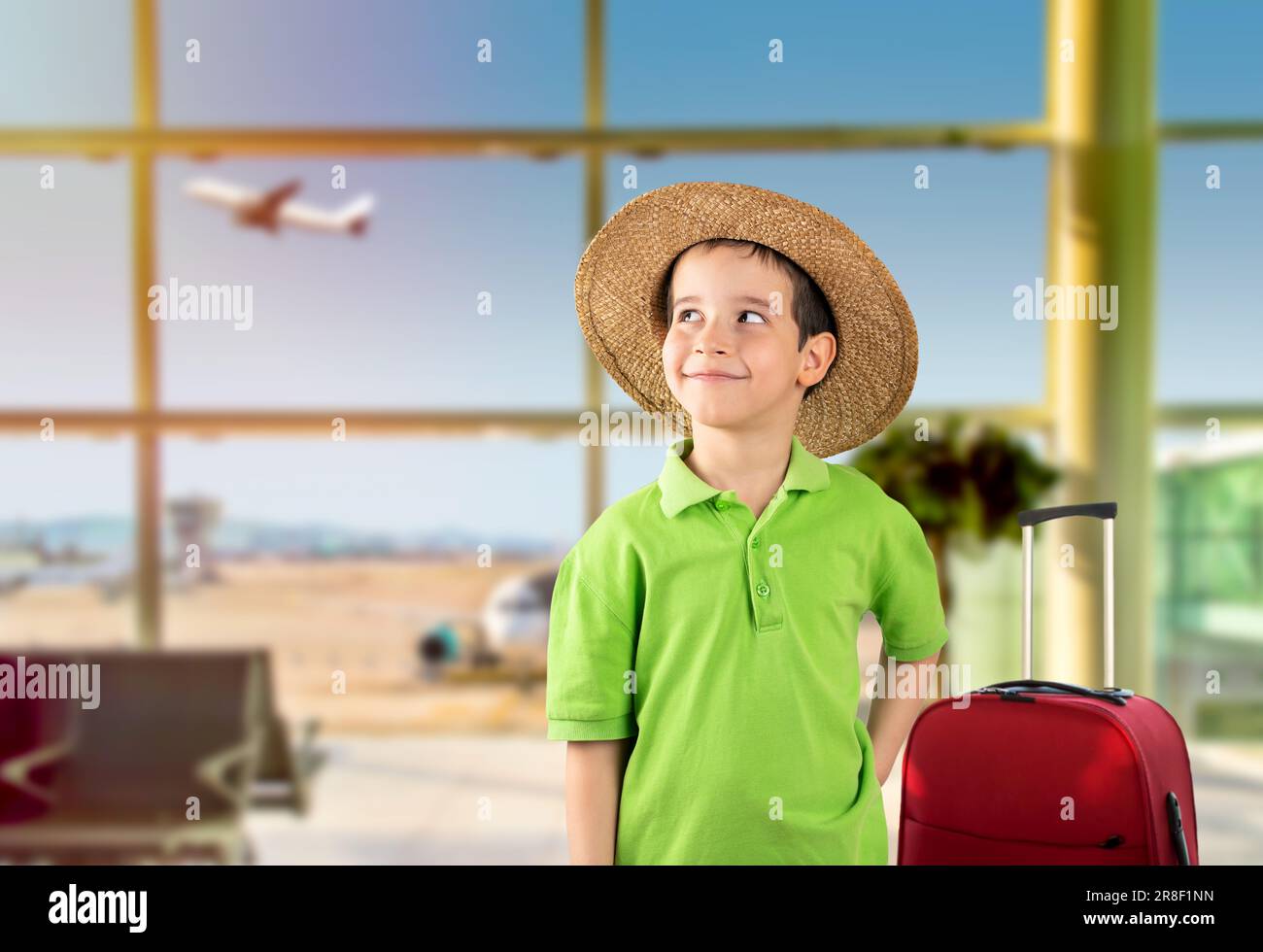 Little child at airport thinking about question, thoughtful expression ...