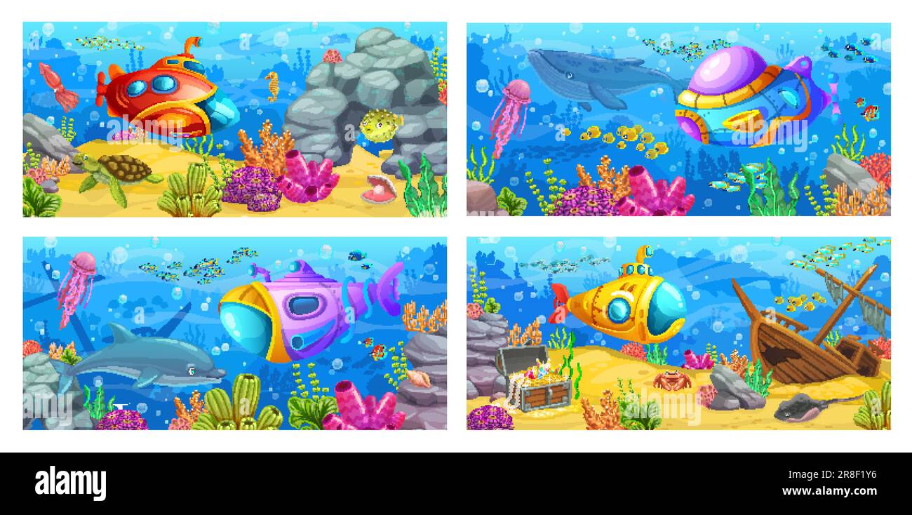 Cartoon underwater sea submarine and bathyscaphe on vector background ...