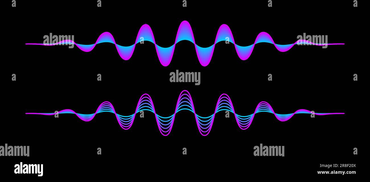 Pair of purple blue gradient sound waves. Two neon pink blue sinusoid ...