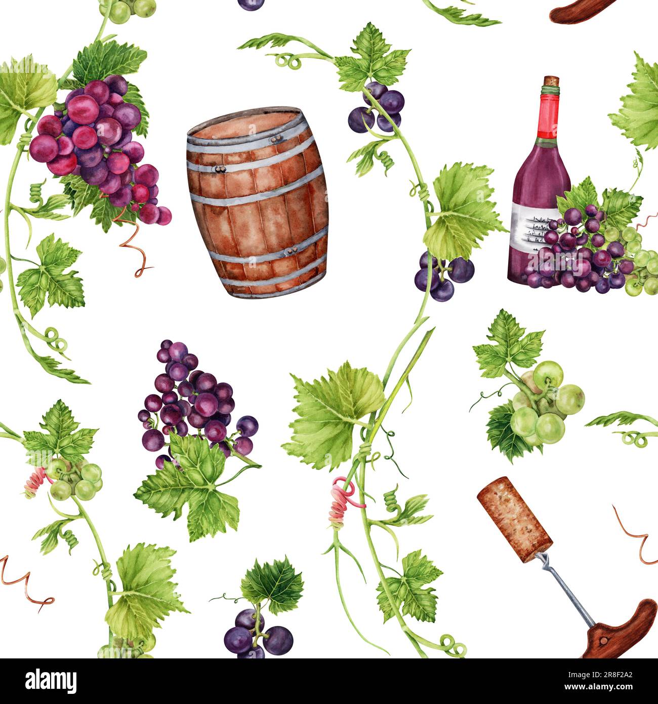 Seamless pattern with grapes, green leaves, grape vines, barrel, red ...