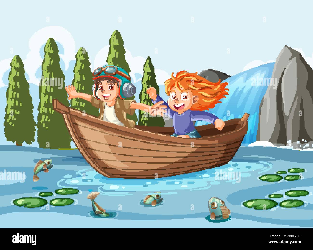 Two Kids on a Boat in a Pond Scene illustration Stock Vector Image ...