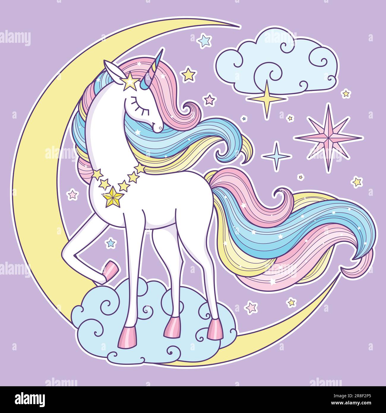 A beautiful white, rainbow unicorn on a crescent moon. The theme of ...