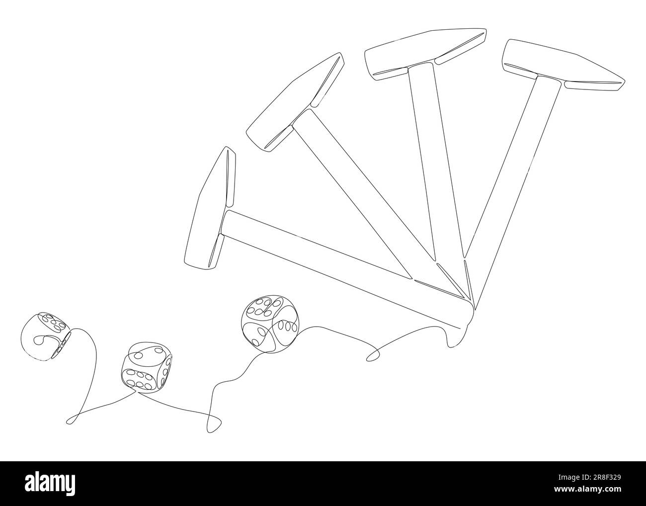 One Continuous Line Of Hammer And Dice Thin Line Illustration Vector Concept Contour Drawing