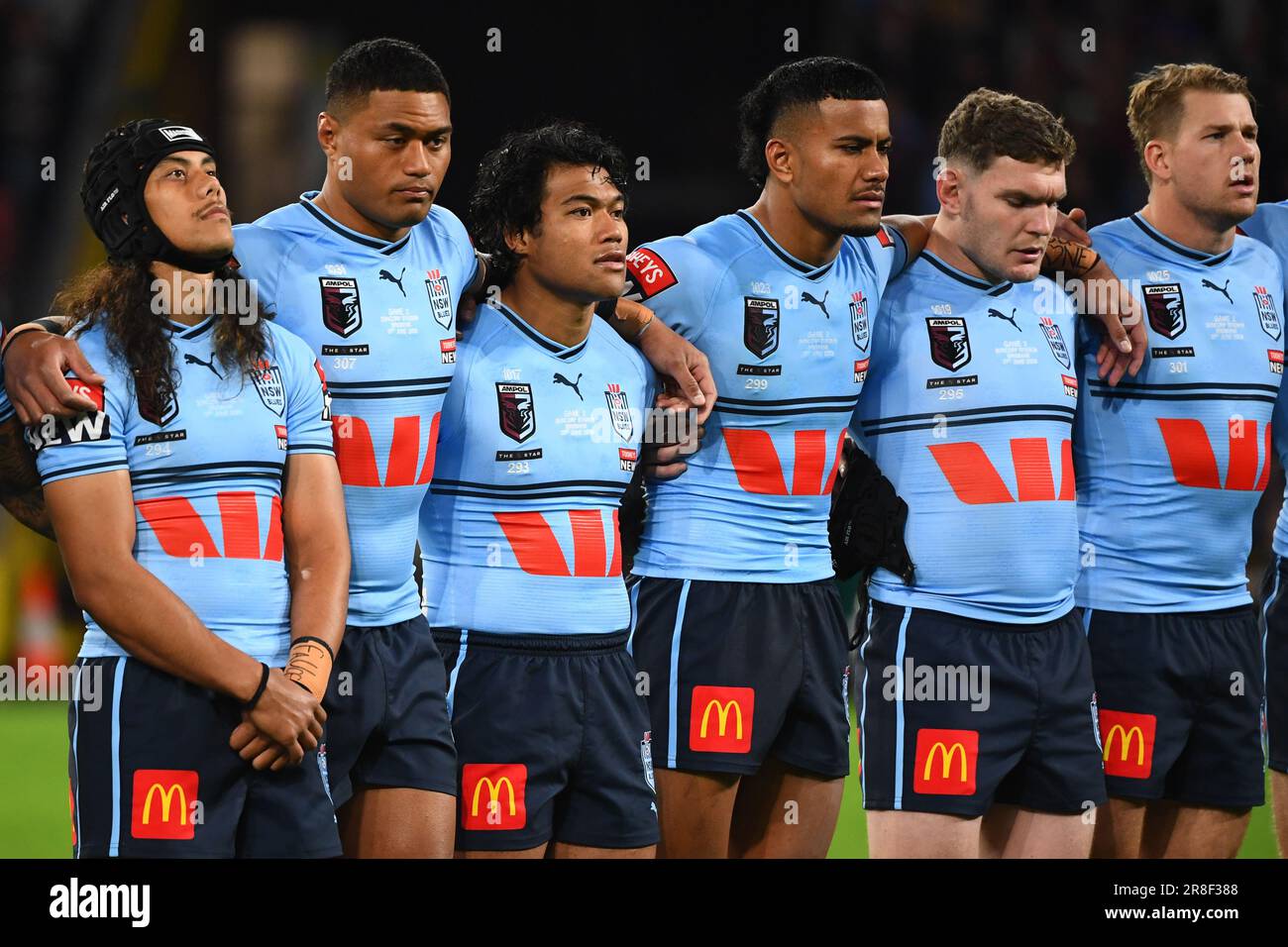 Brisbane, Australia. 21st June, 2023. The Blues line up during State of ...