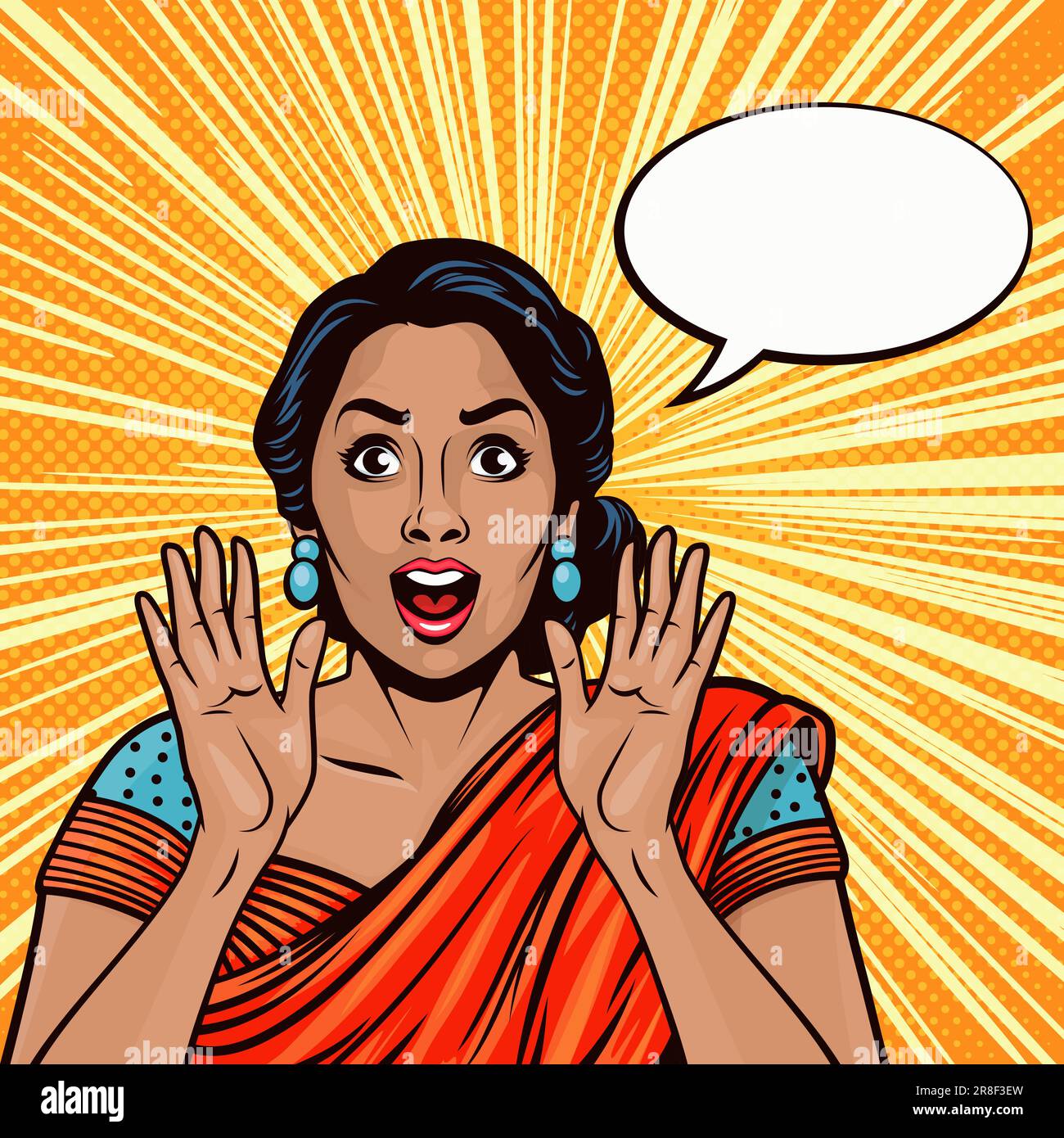 Vector Banner With Indian Woman Wow Face Holding Hands Arms Palms