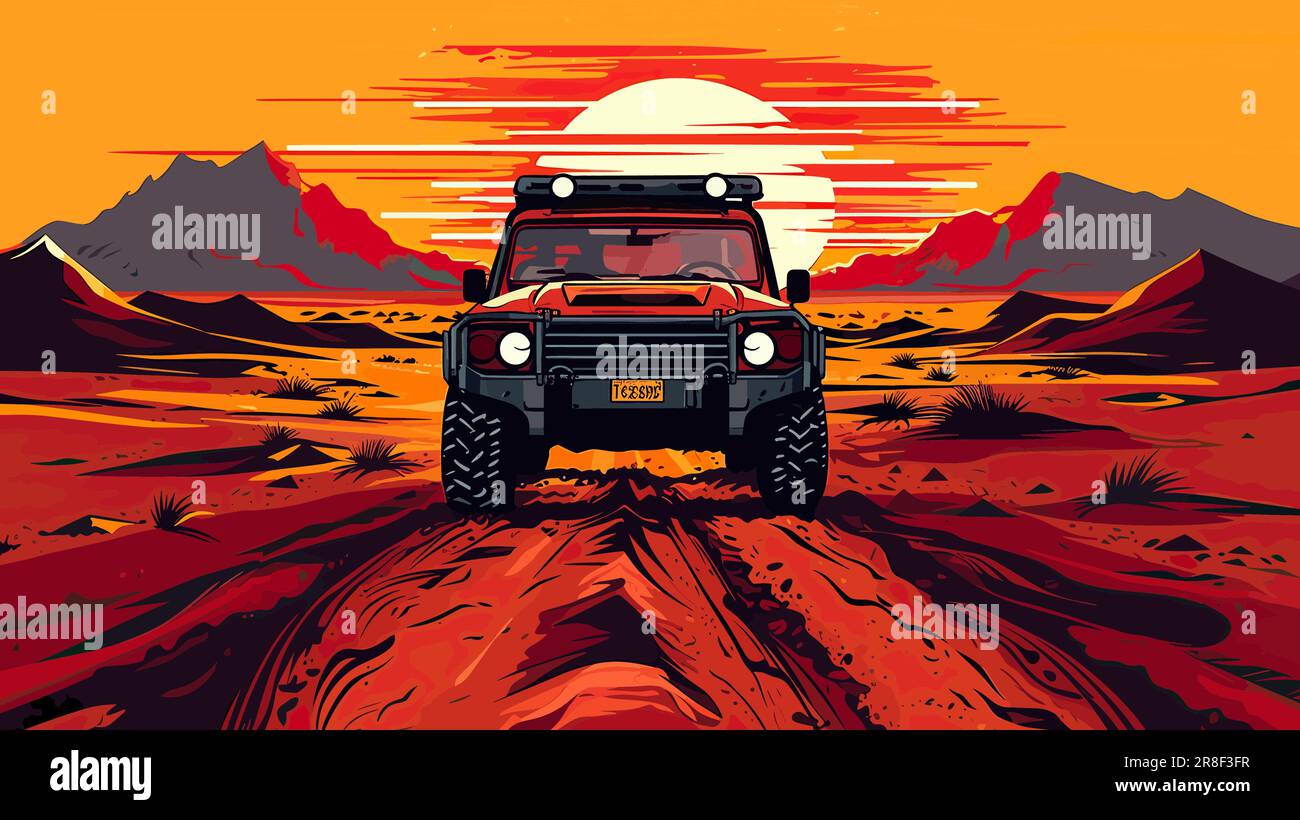 Red offroad SUV driving in desert on a hot sunset background. 4x4 automotive adventure ...