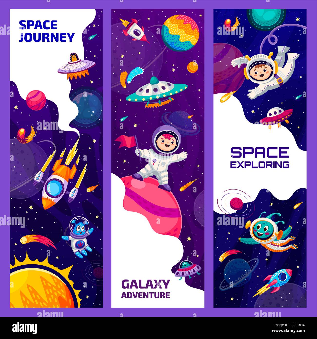 Kids astronauts in outer space. Aliens, UFO and galaxy space planets ...