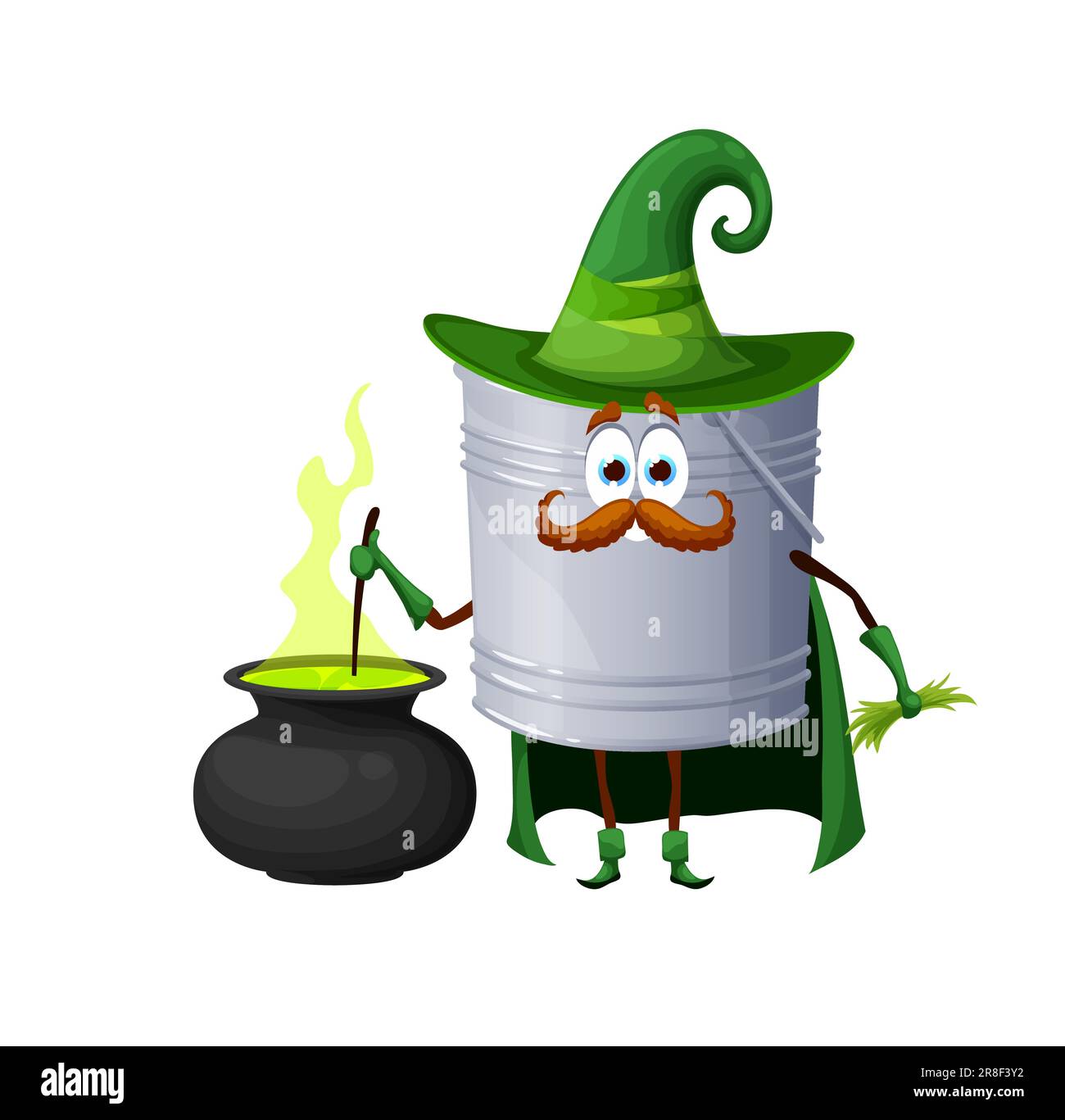 Cartoon Halloween tin of paint wizard character with cauldron bubbling ...