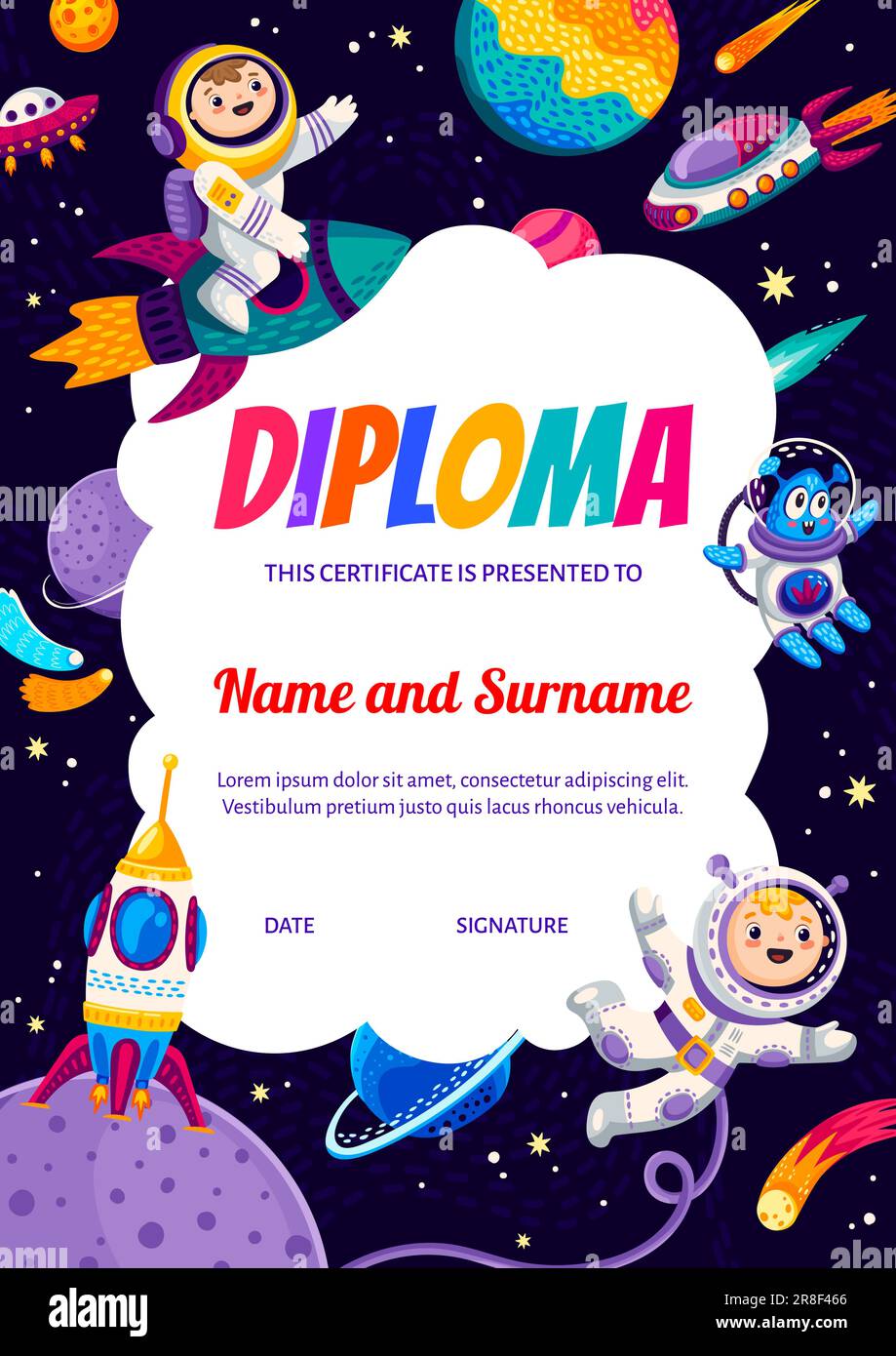 Kids astronaut diploma, cartoon boys and alien characters in starry ...