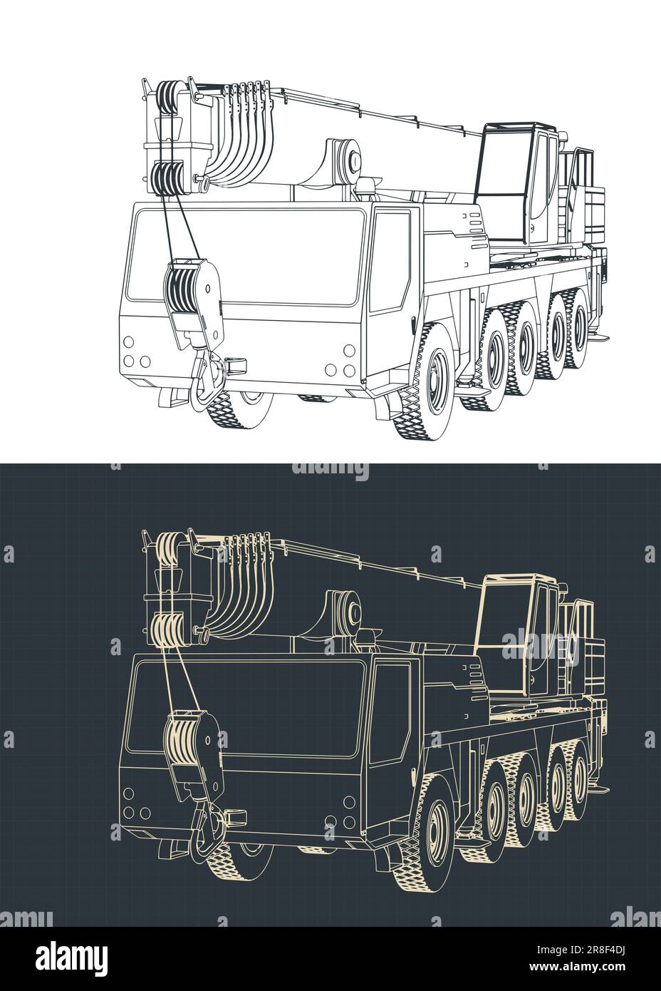 Stylized vector illustrations of blueprints of mobile crane with ...
