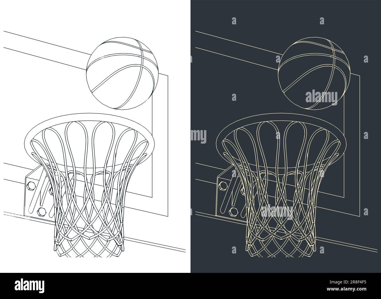 Stylized vector illustrations of basketball hoop and ball close up ...