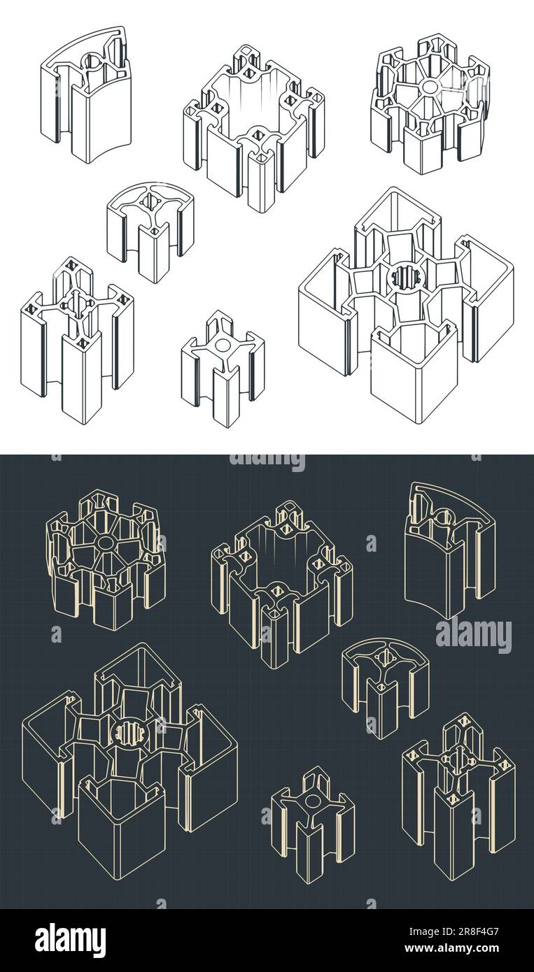 Stylized vector illustrations of isometric blueprints of different ...