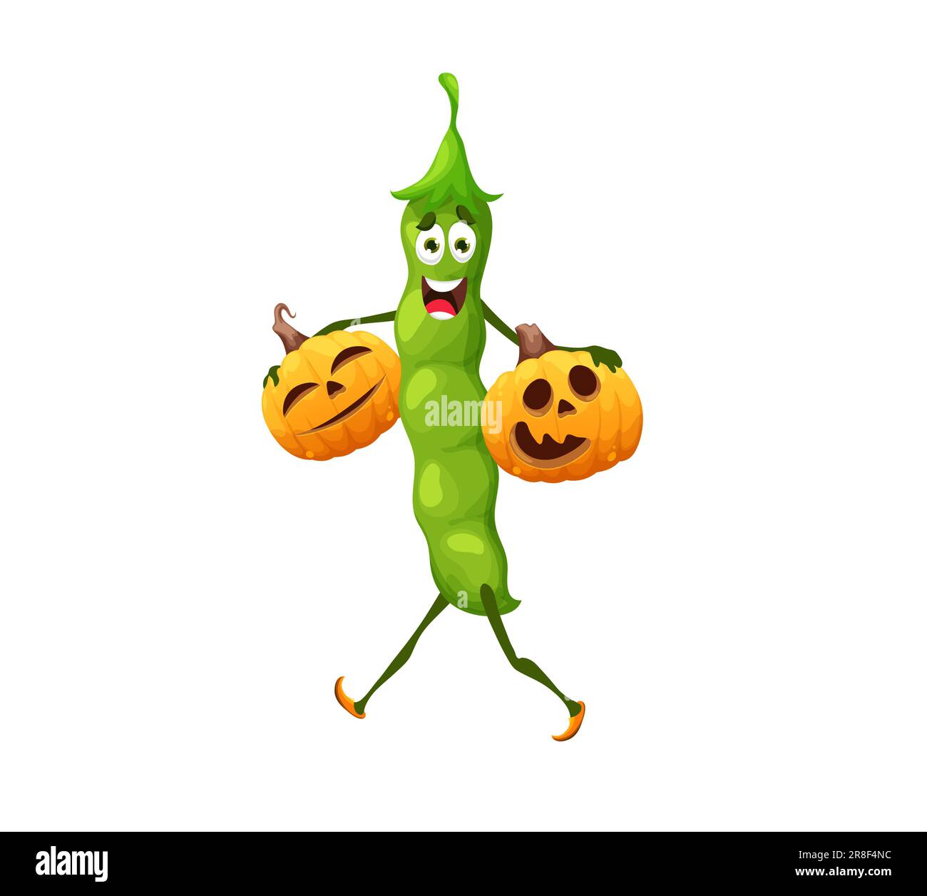 Cartoon Halloween pea character with pumpkins. Isolated vector bean pod ...
