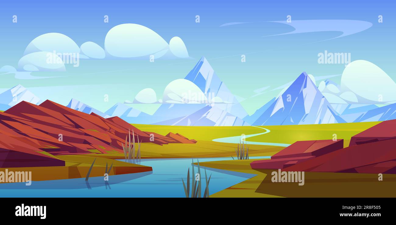 Alpine mountain valley landscape with river. Vector cartoon ...